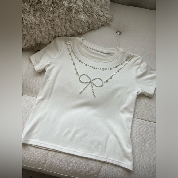 Tops | Nwot White Tshirt With Pearls Size S | Poshmark